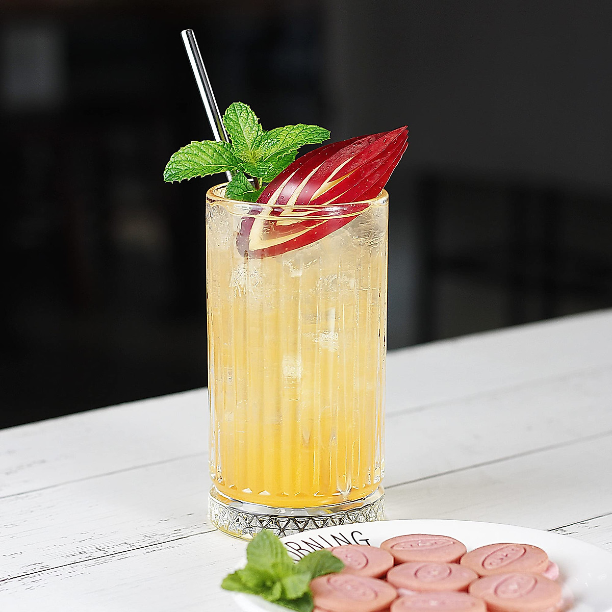 LUXU Highball Glasses 14 fl.oz,Set of 6, Lead-free Drinking Glasses with Heavy Base,Premium Collins Tumblers for Water/Juice/Cocktails/Beverages,Beautiful Striped Look Glassware,Dishwasher Safe