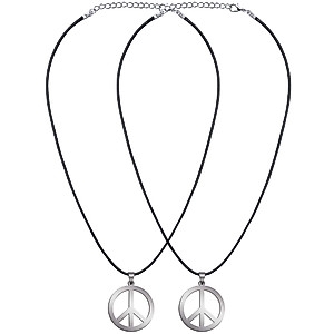 Sunshane 2 Pack Hippie Style Peace Sign Necklace Hippie Party Dressing Accessories, Silver