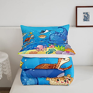 Marine Animals Comforter Set Twin,Shark Octopus Turtle Coral Bedding Set,Underwater World Cartoon Quilt Set 2Pcs for Kids Teens Adults Room Decor,Sea Blue Duvet Insert with 1 Pillowcase