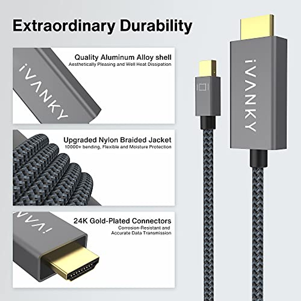 Mini DisplayPort to HDMI Cable,iVANKY Mini DP (Thunderbolt) to HDMI Cable 6.6ft,Nylon Braided,Aluminum Shell,Optimal Chip Solution for MacBook Air/Pro,Surface Pro/Dock,Monitor,Projector and More-1080P