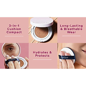 MISSHA Magic Cushion Foundation No.21 Light Beige for Bright Skin, Flawless Coverage,Dewy Finish,Easy Application for All Skin Types