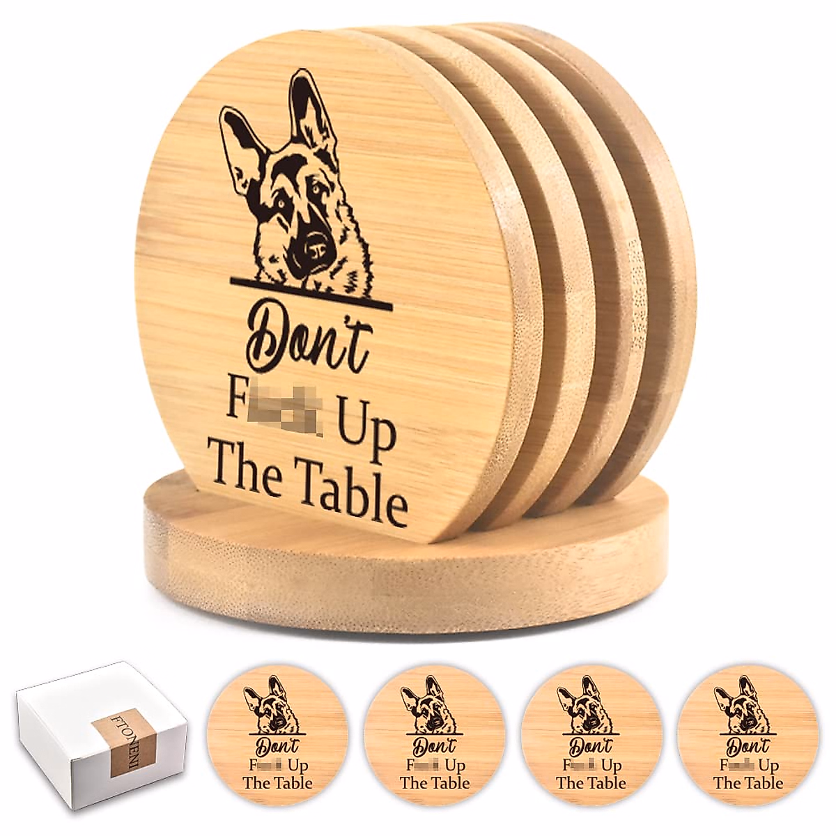 Funny Coasters for Drinks with Holder, Coasters for Coffee Table Set of 4 Coasters for Dining Table, German Shepherd Round Coasters 4" Housewarming Gifts for New House/Home - BZA055