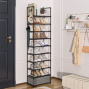 OYREL Sturdy Metal Shoe Rack Organizer,Narrow Shoe Racks for Closets, Shoe Stand,Shoe Shelf (10 Tier with 2 Boxes and 1 Hook)