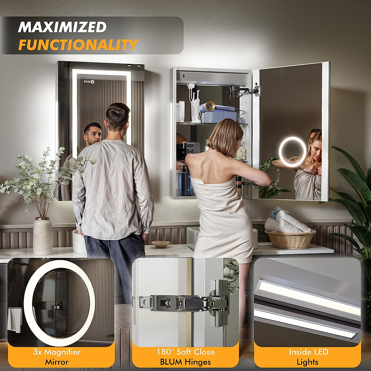 KRISTALLUM LED Lighted Medicine Cabinet Front & Backlit Dimmable Colours, Clock & Temp, USB Outlets (20 x 32inc)