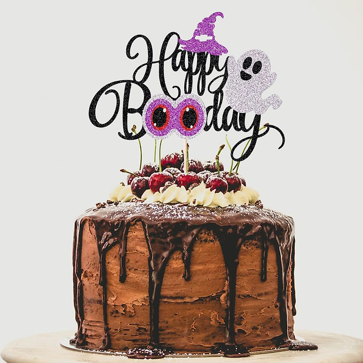 Ruscalin Halloween Happy Boo Day Cake Topper,Halloween Purple eyes Hat Silver flash ghost Cake Decoration ，ghost Halloween Theme for Kids Girl Baby Shower Birthday Party Supplies