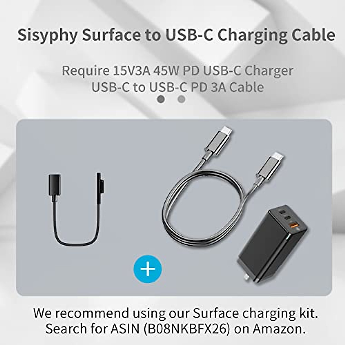 Sisyphy Nylon Braided Surface Connect to USB-C Charging Cable Compatible for Microsoft Surface Pro7 Go2 Pro6 5/4/3 Surface Laptop Book,Works with 45W 15V3A USBC Charger and 3A USBC Cable - 0.2 Meters
