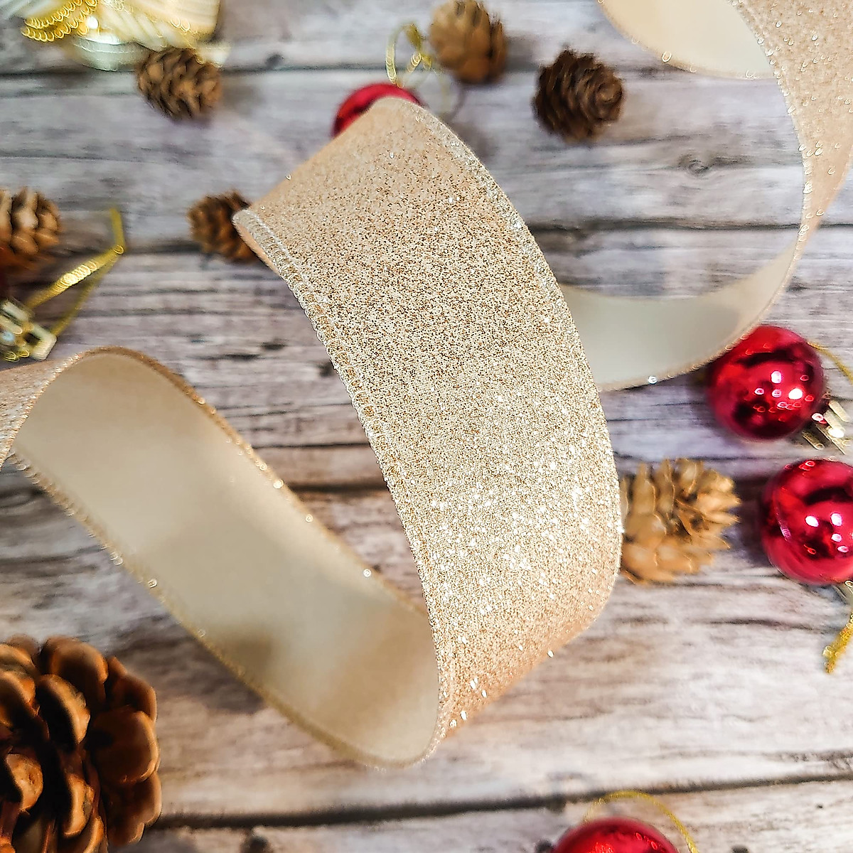 Traico Gold Glitter Wired Ribbon - 1.5 Inch x 10 Yards (30 Ft) x 1 Roll for Christmas Home Decor Gift Wrapping Bow Making Wreath DIY Crafts Wedding