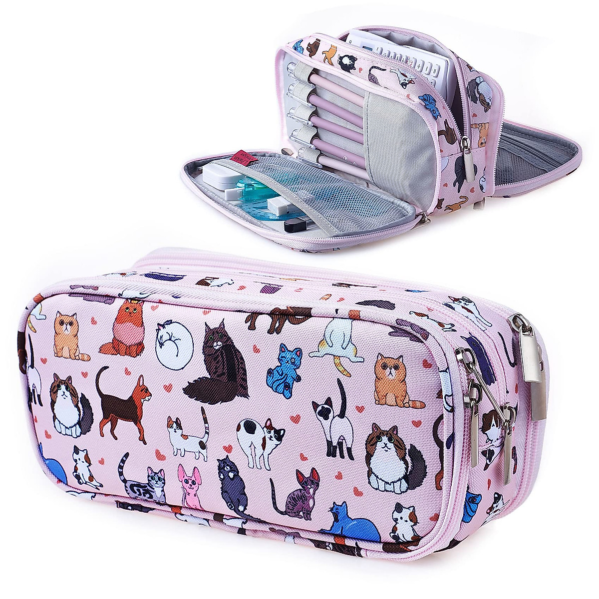 LParkin Cute Cat Pencil Case Super Large Capacity 3 Compartments Canvas Pencil Box Kawaii Makeup Bag Cat Gifts for Boys Girls
