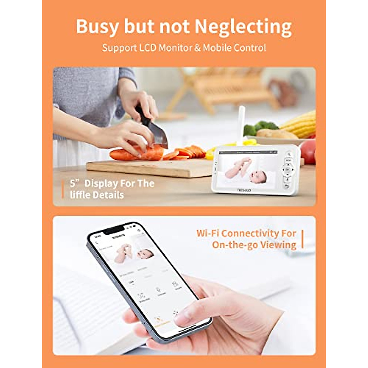 TECGUUD Video Baby Monitor with Camera and Audio, 5" Display, 2.4GH WiFi 1080P Camera, NightVision, Motion and Sound Notifications, Humidity, Room Temp,2-Way Talk， Support Phone App Control