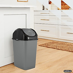 Superio Trash Can with Swing Top Lid 9 Gallon, Grey and Black Slim Waste Bin Durable Plastic 37 Qt Fit Small Spaces, Office, Bathroom, Under