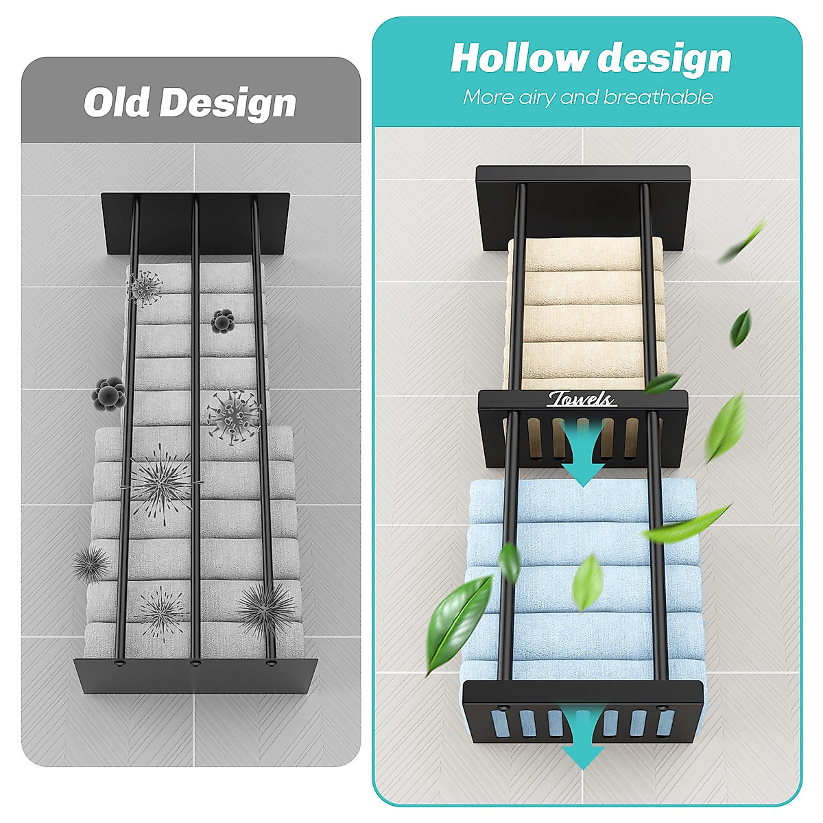 Towel Racks for Bathroom - Bathroom Towel Storage Rack Wall Mounted, Black Wall Towel Holder for Rolled Towels