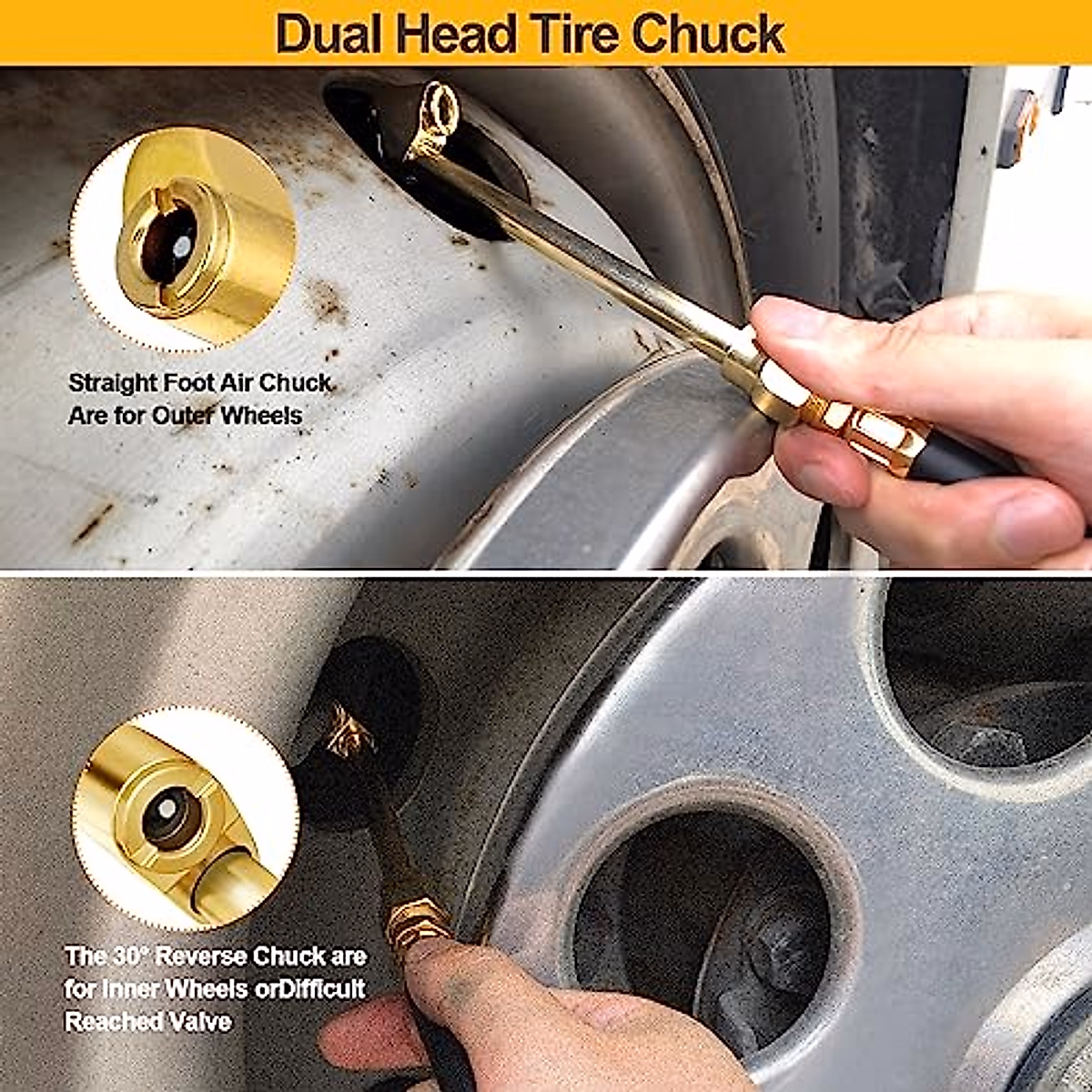 GODESON Heavy Duty Dual Head Air Chuck,Closed Ball Tire Chuck with 1/4 Inch Female NPT and Two Standard Male Quick Plug, Tire Air Fill Kit for Tire Inflator Gauge and Air Compressor