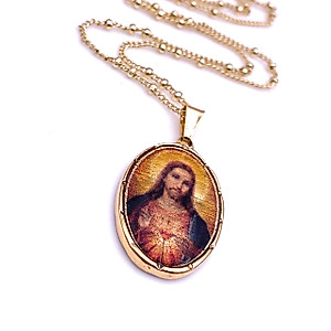 LESLIE BOULES Sacred Heart of Jesus Pendant Necklace for Women 18K Gold Plated Chain Religious Jewelry