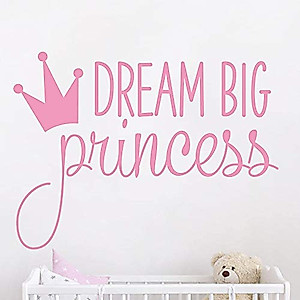 Dream Big Princess with Crown Wall Decal Vinyl Sticker for Kids Baby Girls Bedroom Decoration Nursery Home Decor Mural Design YMX18 (Soft Pink)