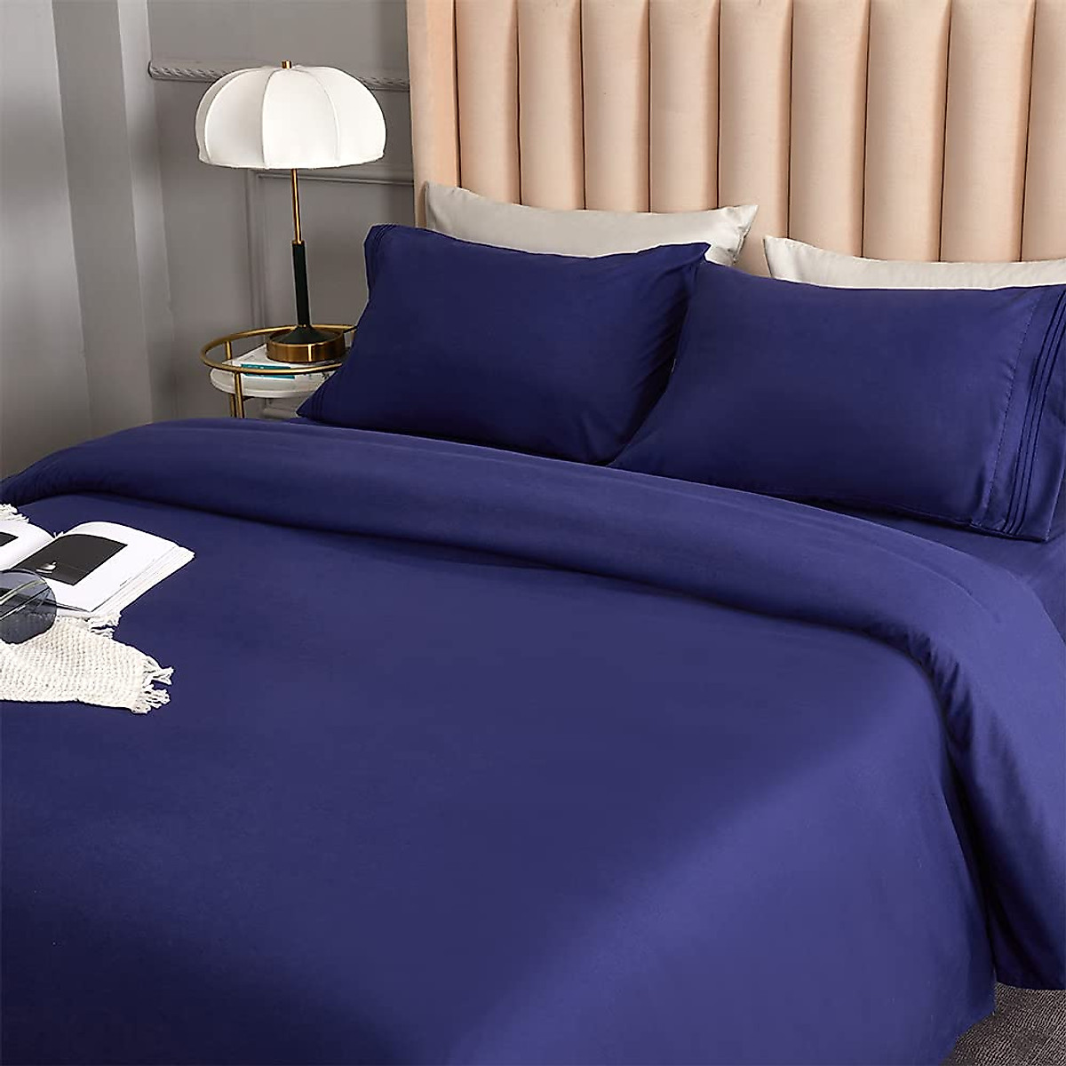 DERBELL Bed Sheet Set - Brushed Microfiber Bedding - Bedding Sheets & Pillowcases - Deep Pockets - Easy Fit - Breathable & Cooling Sheets - 4 Piece Full Blue Set