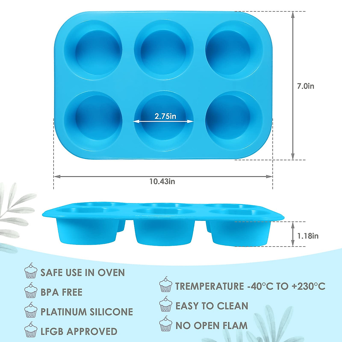 TRUSBER Muffin Pan, 2.75 Inch Silicone Muffin Tin with 6 Cups Silicone Cupcake Molds - 2 PACK Large Cupcake Liner Pan, BPA FREE & Dishwasher Safe