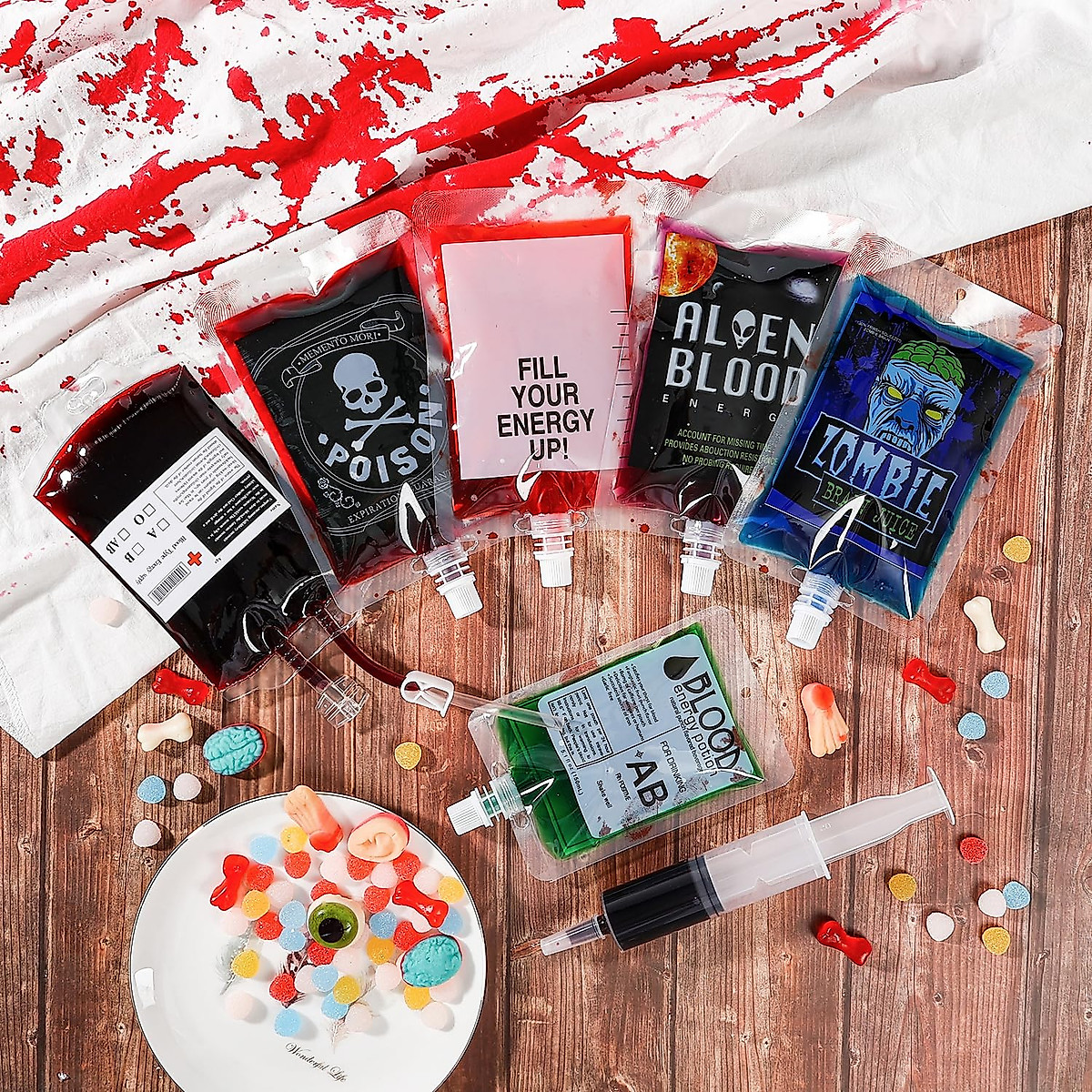 Halloween Blood Bags Party Supplies - 42PCS Blood Bags for Drinks 35 Reusable Blood Drink Pouches +7 Syringes Party Favors, Blood IV Bags for Vampire Zombie Costume Props Halloween Party Decorations