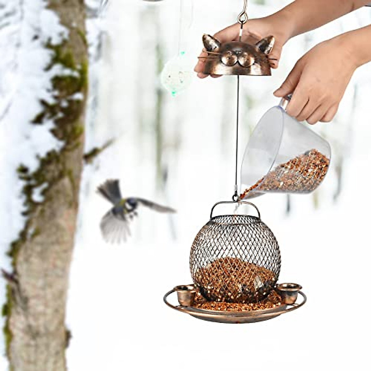 Bird Feeders for Outside, Wild Bird Feeder Squirrel Proof, Heavy Duty Copper Bird Feeder for Outdoor Hanging Garden Yard Decor, 2lbs Capacity - Upgraded Cute Cat Shaped