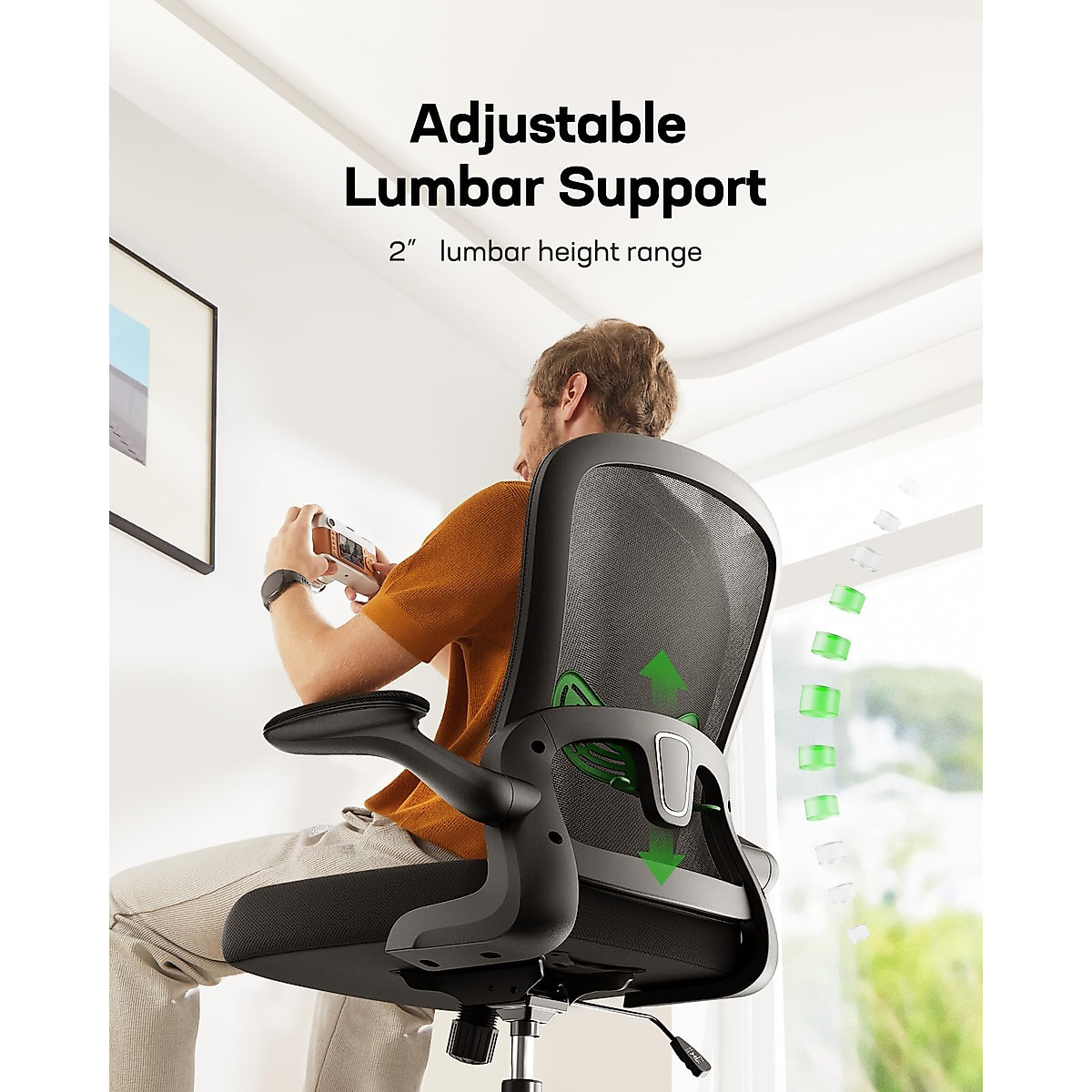 Marsail Office Chair Ergonomic-Desk Chair: Mesh Back Home Office Chair with Adjustable Lumbar Support, Computer Desk Chair with Flip-up Armrests Swivel Home Office Task Chair(Bright Black)