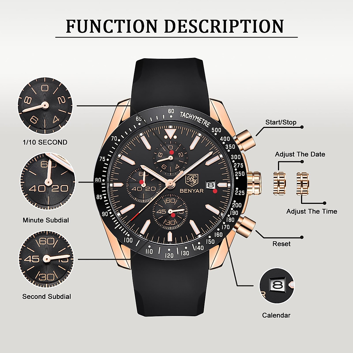 BENYAR Classic Fashion Quartz Chronograph Watch Casual Sport 30M Waterproof Leather Band Mens Watches (Golden Black)
