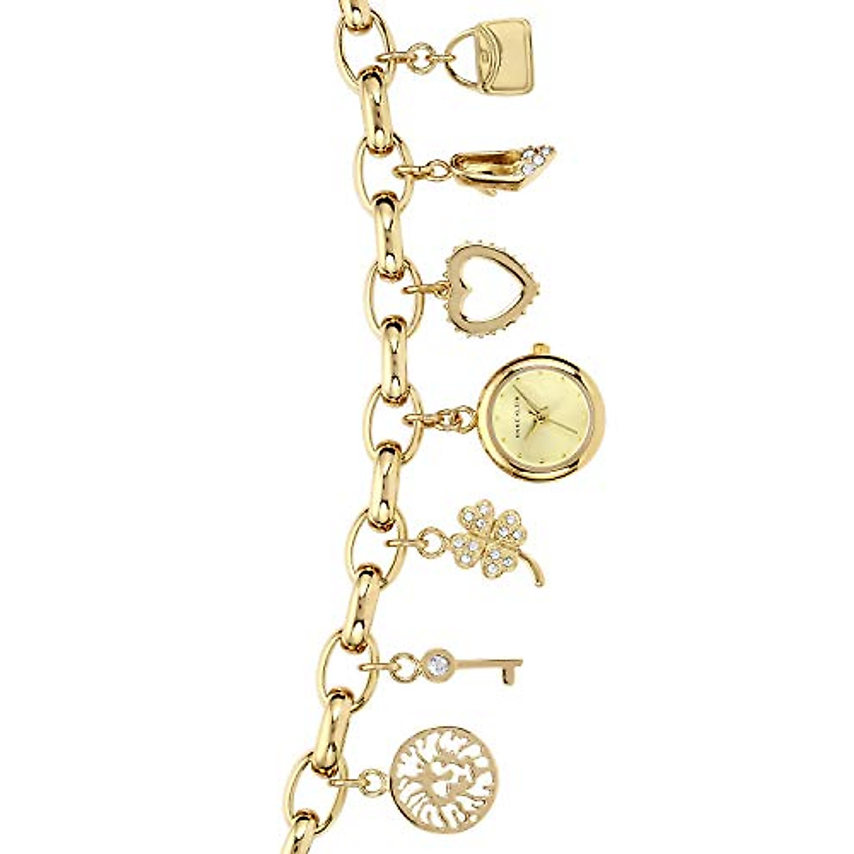 Anne Klein Women's Premium Crystal Accented Gold-Tone Charm Bracelet Watch, 10/7604CHRM