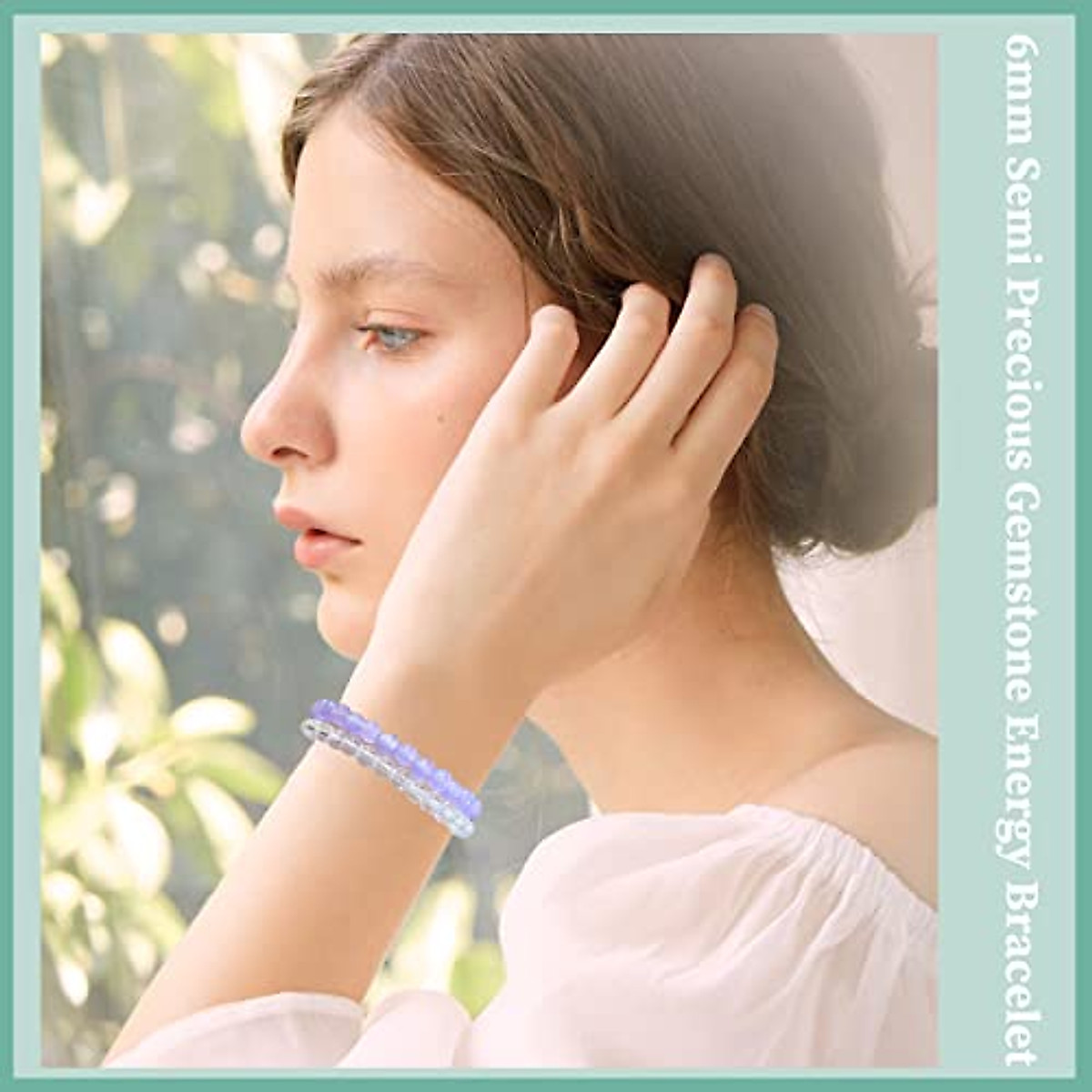 JEWPARK 20Pcs Gemstone 6mm Round Beads Bracelet Set Healing Crystal Stone Stretch Bracelets for Men Women Round Beaded Elastic Bracelets