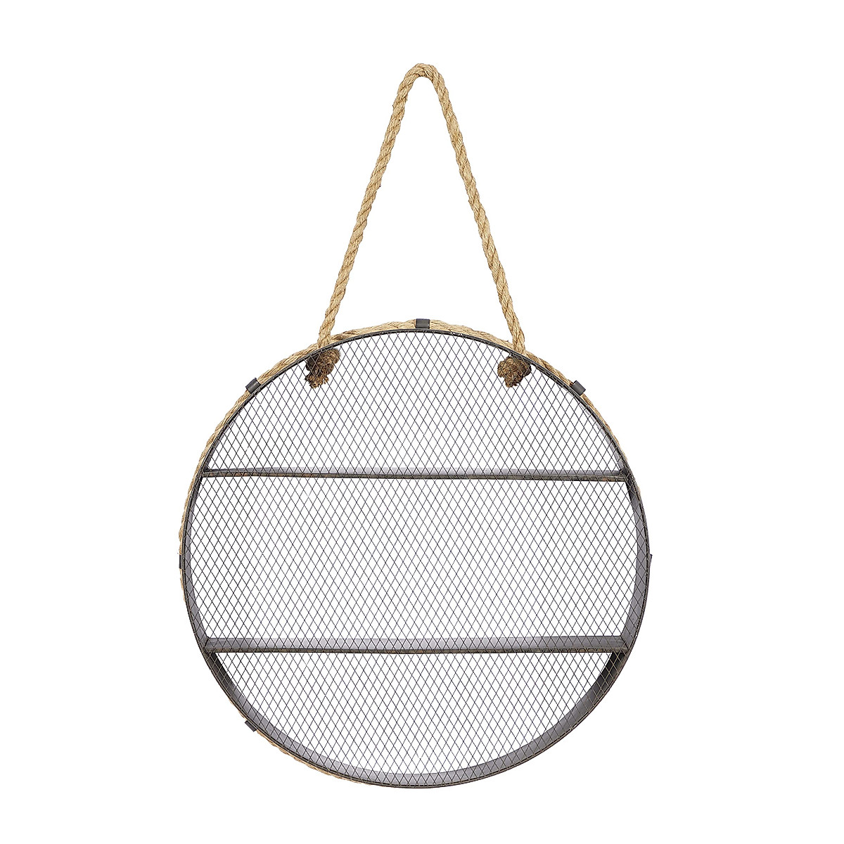 Deco 79 Metal Round 2 Shelves Wall Shelf with Hanging Rope, 24" x 6" x 24", Black