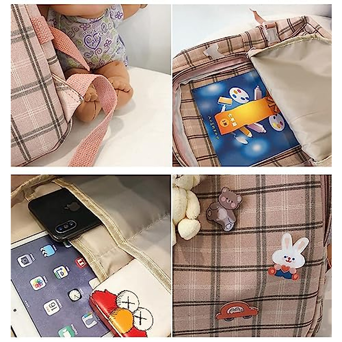 JHTPSLR Light Academia Aesthetic Backpack with Pins and Plushies Cute Plaid Preppy Backpack with Accessories Book Bags Supplies (Gray)