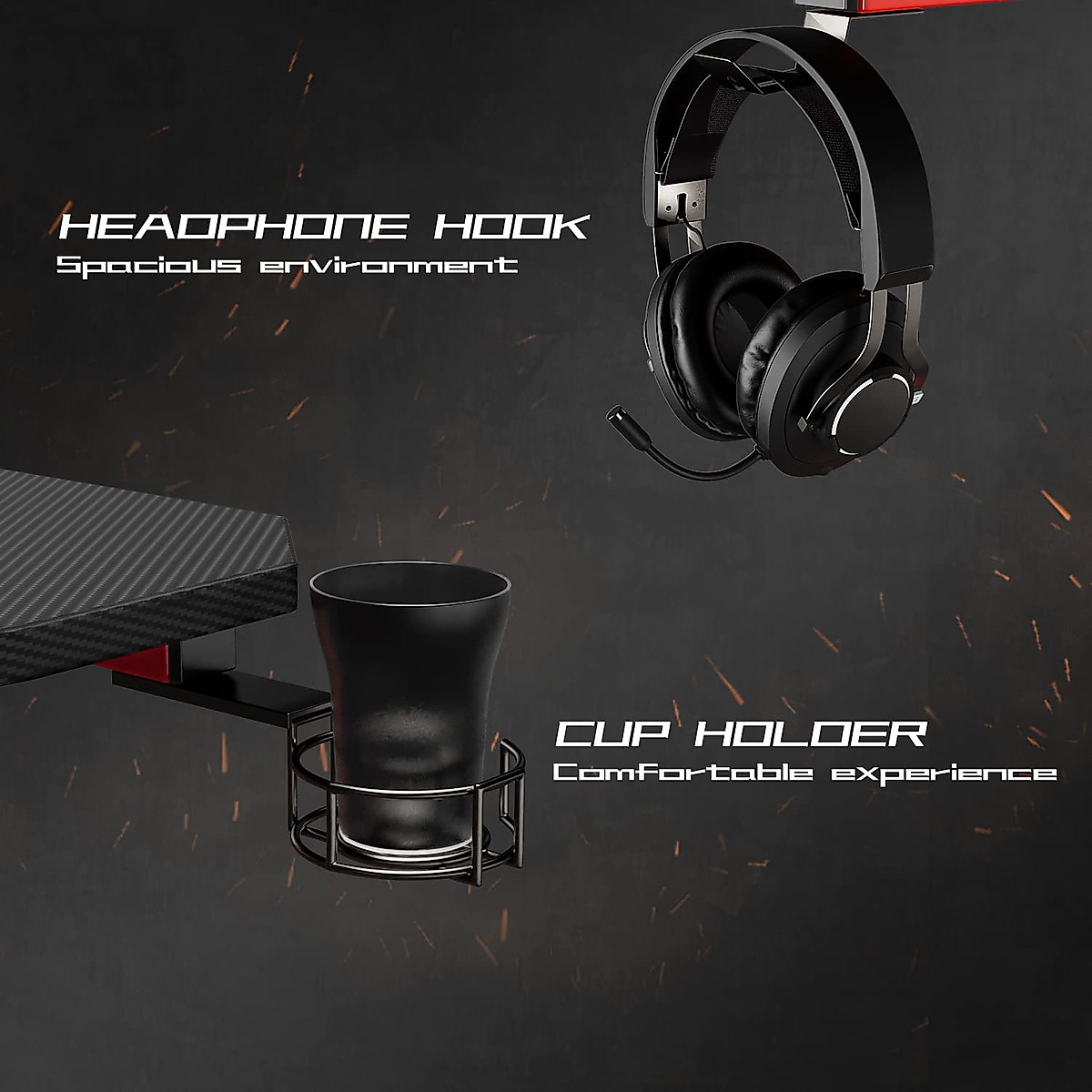 Devoko Gaming Desk Computer Gaming Desk Z-Shaped Pc Gaming Desk with Carben Fiber Surface Gamer Desk with Free Mouse Pad Home Office Desk with Cup Holder and Headphone Hook (55 inch, Red)