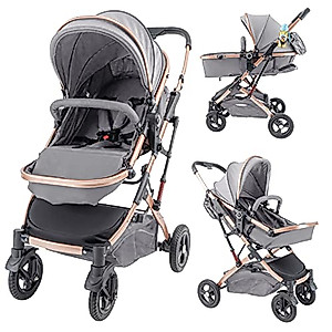 BABY K 2 in 1 Convertible Baby Pram Stroller (Grey - with Snack Tray & Large Storage Basket) - Foldable Reverse Facing Baby Bassinet Stroller with Various Adjustable & Reclining Stroller Modes