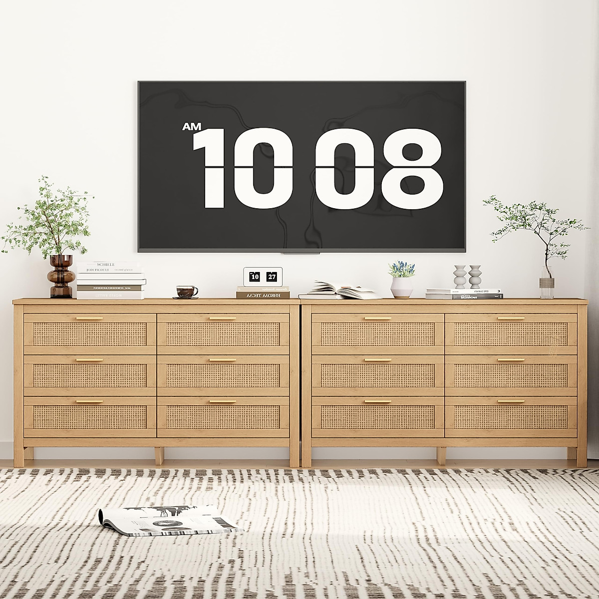 Keehusux Rattan 6 Drawer Dresser for Bedroom, Wooden Storage Chest of Drawers with Metal Handles, Double Dresser Chest for Living Room, Entryway, Natural KES002MDG