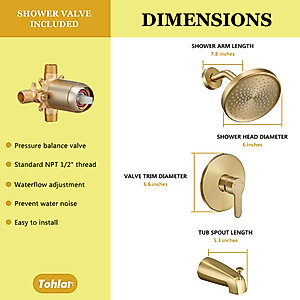 Tohlar Gold Shower Faucet Set with Tub Spout, Bathtub and Shower Faucet Combo Kit & Tohlar Brushed Gold Kitchen Faucet Single Handle High Arc Kitchen Faucets