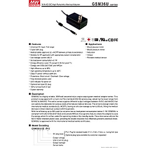 MEAN WELL GSM36U48-P1J 48V 0.75A 36W AC-DC High Reliability Medical Adaptor