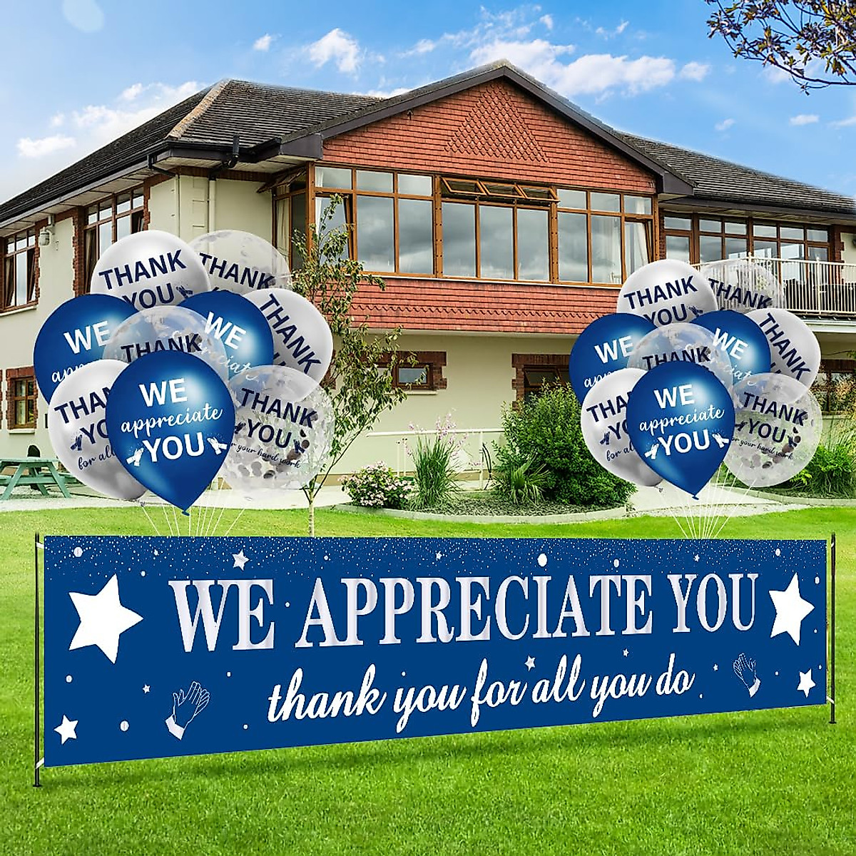 We Appreciate You Decorations Blue Silver Appreciate You Banner with 18 pcs Balloons Thank You Yard Sign for Teacher Employee Staff Poaster Doctors Nurse Volunteer Appreciation Week Party Decor