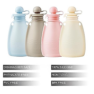 PandaEar Reusable Silicone Baby Food Pouches, 4 Pack Squeeze Pouches for Toddler Kids, BPA-Free Silicone Refillable Baby Food Storage, 5.5 oz