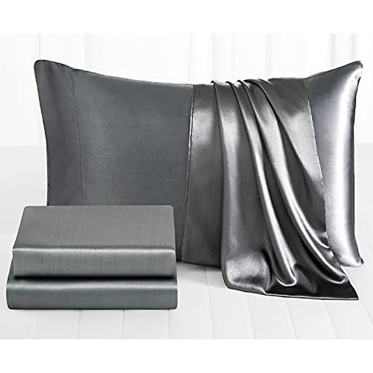 RUDONG M 3 Piece Dark Grey Satin Sheets Twin Size Satin Bed Sheets Set Silky Satin Sheet with 1 Deep Pocket Fitted Sheet+1 Flat Sheet+1 Pillowcase