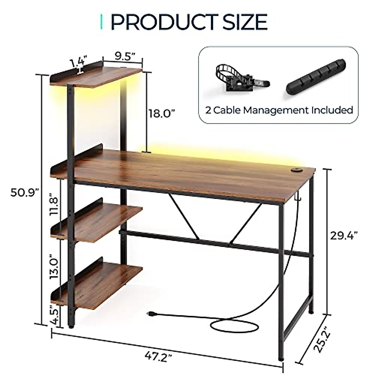 LINSY HOME Computer Desk 47 Inch with LED Light, Home Office Desk with USB Charger, Multifunctional PC Gaming Desk with 3-Tier Adjustable Storage Shelves & Cable Management, Brown