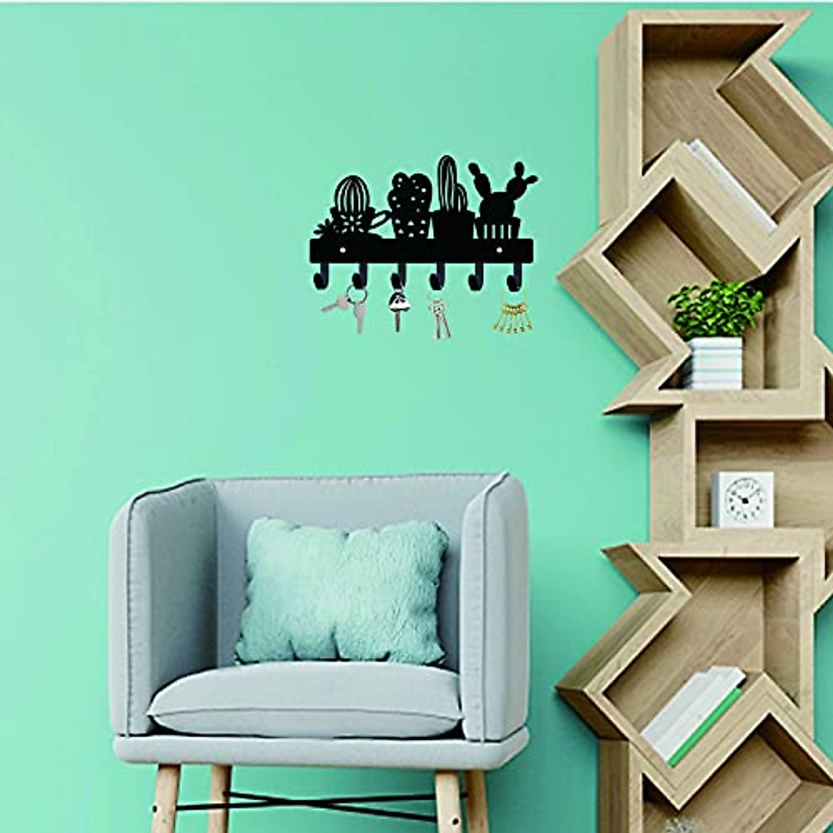 CREATCABIN Cactus Key Holder Metal for Wall Mounted Black 10.6" x 6.3" Keys Hanger 6 Hooks Decorative Welcome Home Sign Key Hanging Rack for Bathroom Door Kitchen Bedroom University Dormitory