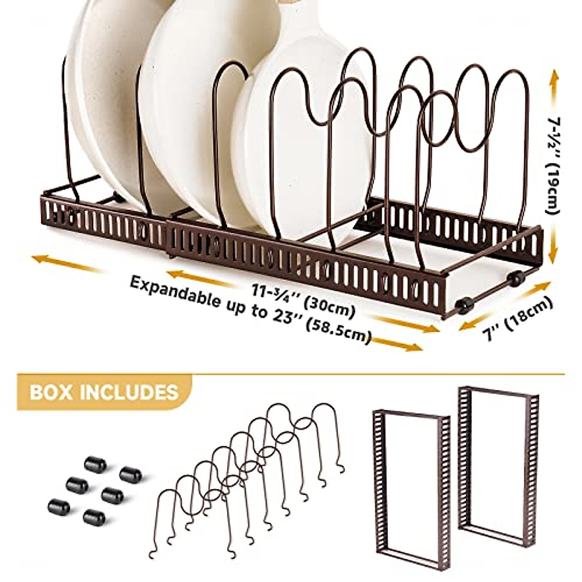 Tomorotec 7+ Pot and Pan Organizer for Cabinet Lid Holder Expandable, Cabinet Pot Lid Storage Rack Organizer for Frying Pan Kitchen(Bronze)
