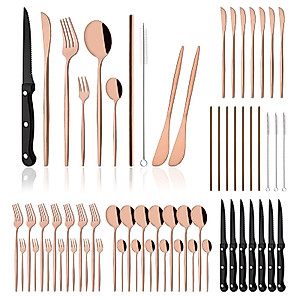 Uniturcky 62-Piece Rose Gold Flatware Set for 8 Stainless Steel Silverware Set with Steak Knives, Plus Reusable Metal Straws and Butter Knives, Party Tableware Cutlery Set, Mirror Polished