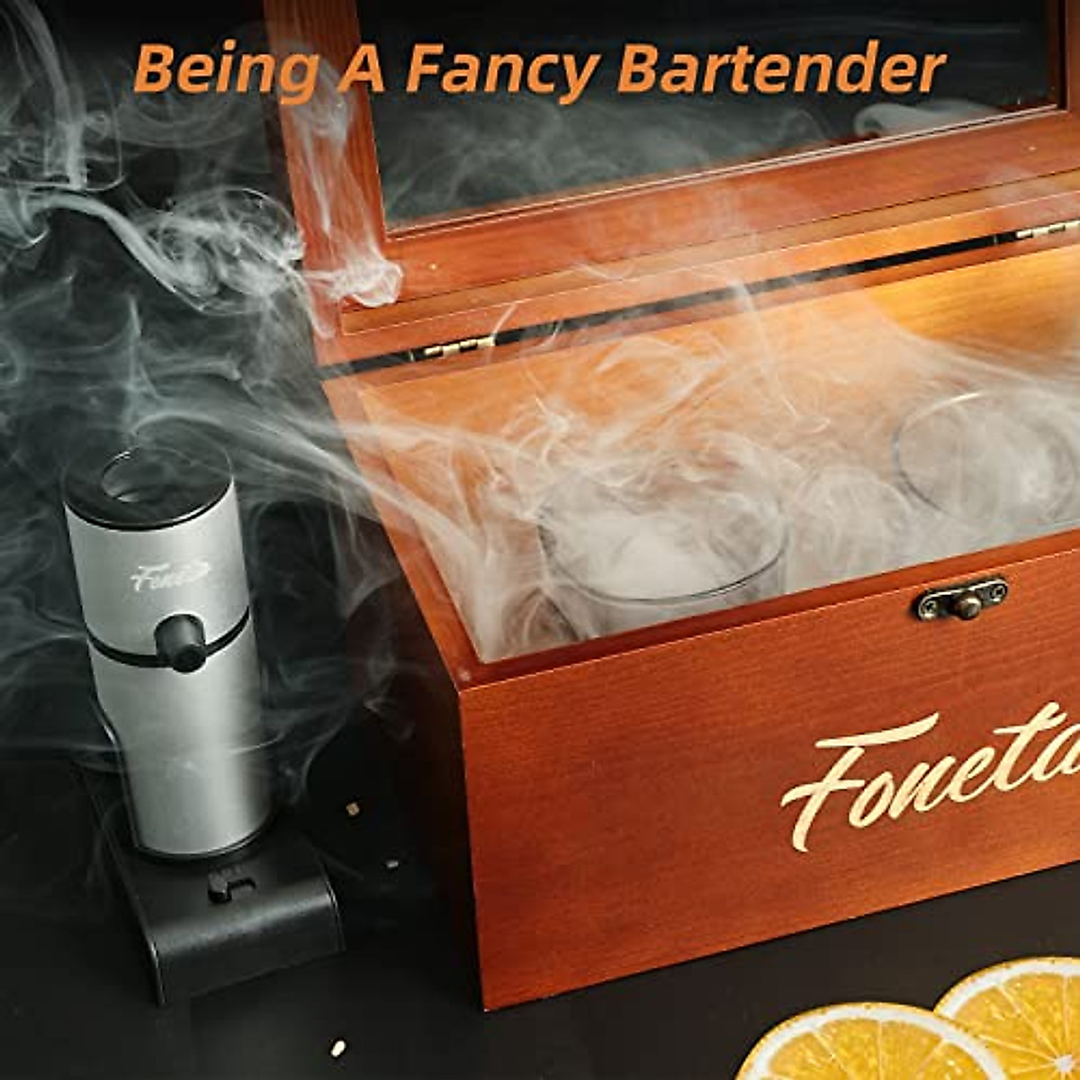 Foneta Cocktail Smoker Kit with Smoking Gun, Whiskey Smoker Kit for Old Fashioned Cocktail Smoker Kit Includes Handcrafted Wooden Box & Tray, Drink Food Smoker Gun and Wood Chips for Cocktail Drinks, Whiskey, Bourbon,Food Cooking