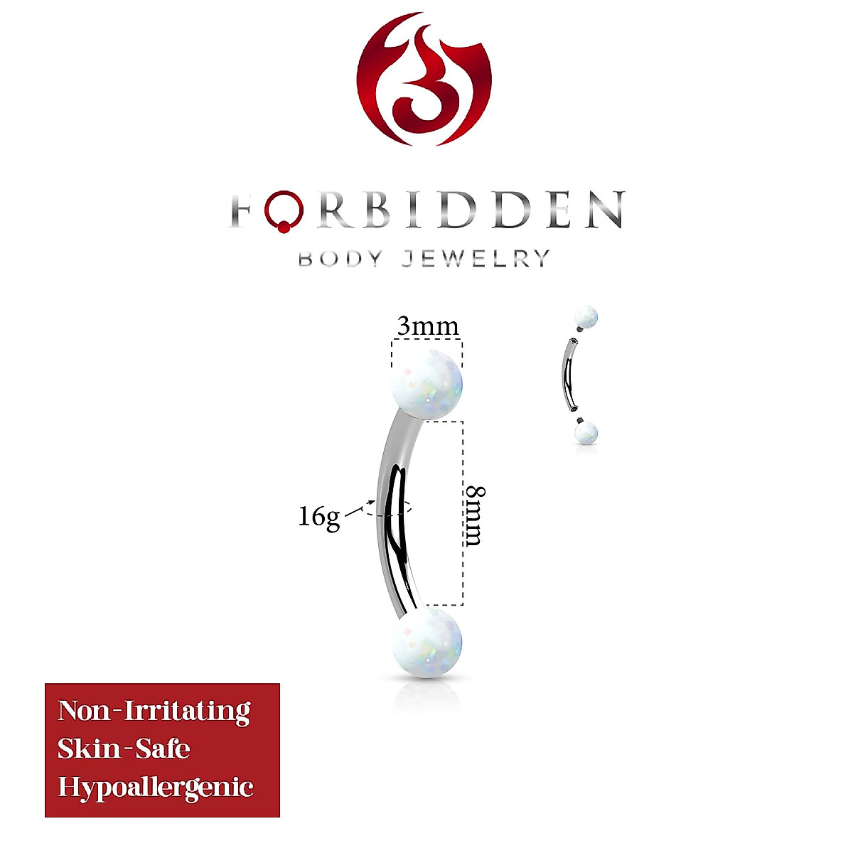 Forbidden Body Jewelry 16g 8mm Simulated White Opal Daith Earring, Eyebrow Ring and Rook Piercing, Internally Threaded