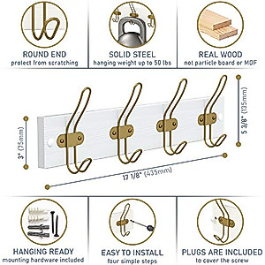 Tibres - Brushed Gold Wall Hooks for Hanging Coat Clothes and Towel - Brushed Gold Coat Hook Rack Door or Wall Mount - White Hanger with 4 Metal Matte Gold Hooks for Bathroom - Solid Wood