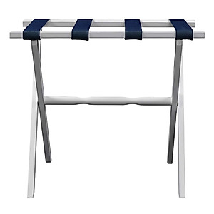 Gate House Furniture White Wood Folding Luggage Rack with Straight Legs and 4 Navy Straps