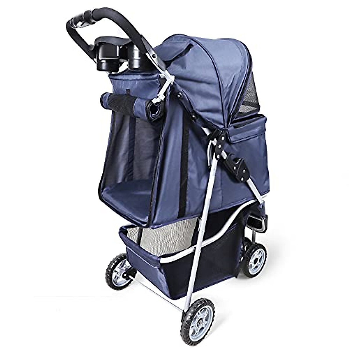Pet Strollers for Small Medium Dogs & Cats, 3-Wheel Dog Stroller Folding Flexible Easy to Carry for Jogger Jogging Walking Travel with Sun Shade Cup Holder Mesh Window (Dark Blue)