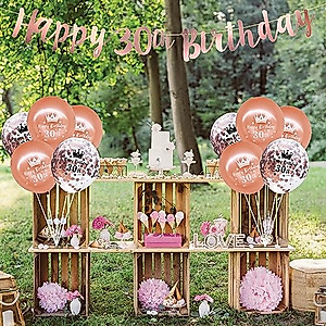 Happy 30th Birthday Banner 12 PCS, Rose Gold 30th Birthday Banner Bunting with 12 Inch Rosegold Happy 30th Birthday Confetti Helium Latex Balloons for Women 30th Birthday Party Decorations Supplies