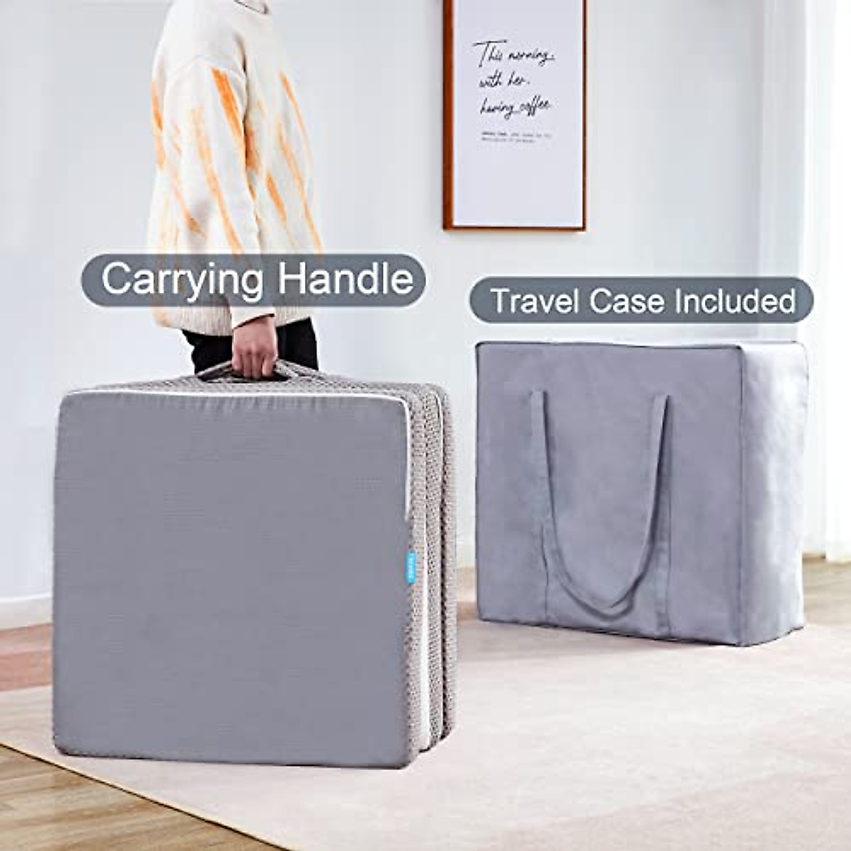 Kingfun Memory Foam Folding Mattress, 4 Inch Gel-Infused Foldable Floor Mattress, Breathable Tri-fold Mattress Topper with Bamboo Cover, Soft Folding Foldable Portable Floor Guest Bed (Single)