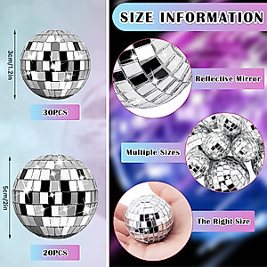 Calluace 50 Pcs Mirror Disco Balls Ornaments,Reflective Mini Disco Ball Decorations,Silver Mini Disco Balls,Disco Ball Ornament for Festive Holiday Party Decor (1.2 Inch, 2 Inch)