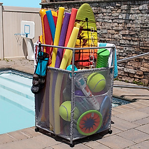 Pool Bins Rolling Pool Noodle Storage Organizer Bin, Standard Noodle Holder (25.4" W x 26" L x 40.5" H), Gray