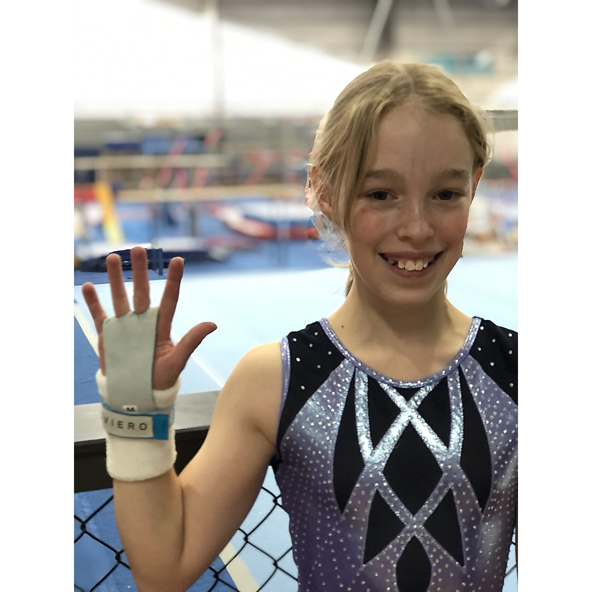 LEVIERO Palmies Gymnastics Grips, Grips for Gymnastics, Multipurpose Soft Leather Grips with Adjustable Finger Holes, Weightlifting, Kettlebell, Cross Training Workouts for All Ages - (Aqua, X-Large)